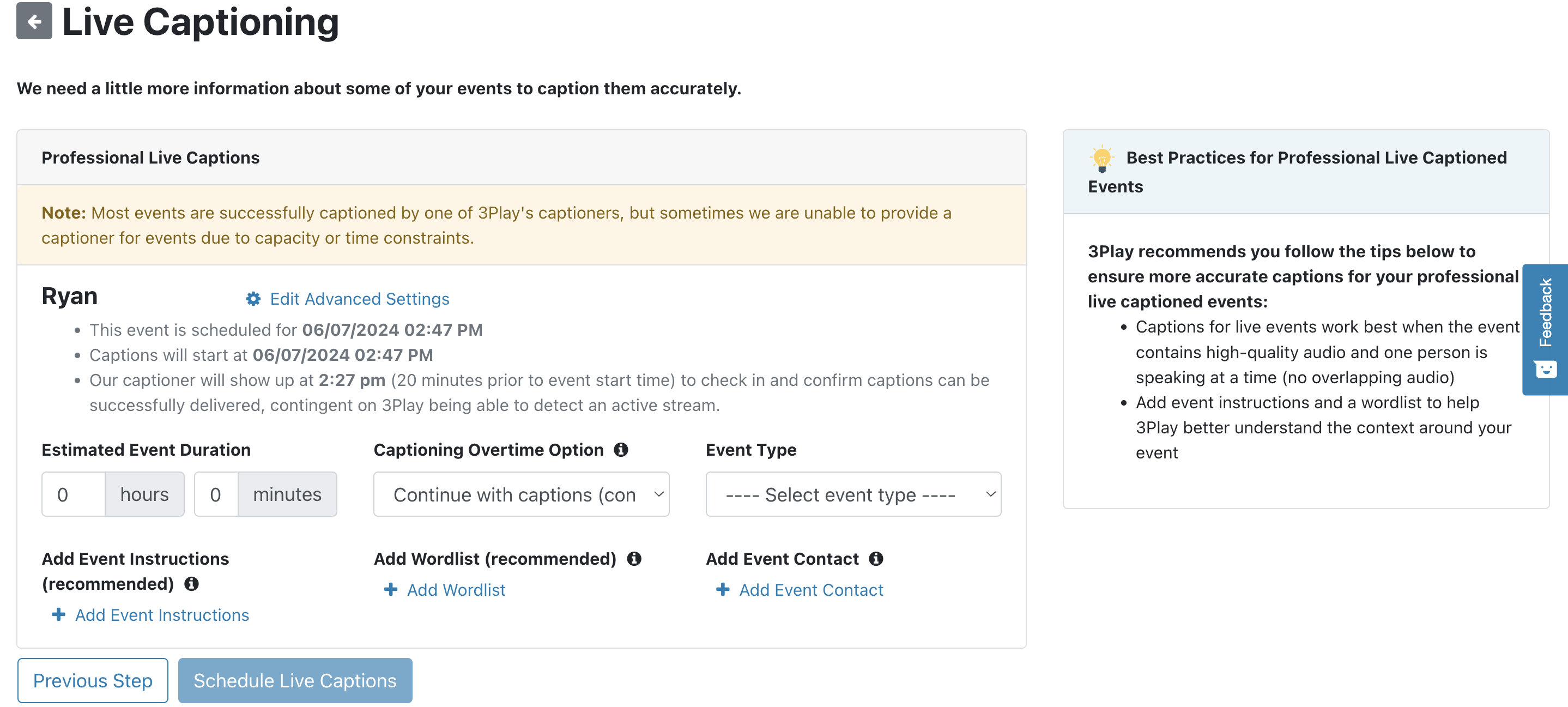 Brightcove Live Captioning: Scheduling a Live Event – 3Play Media Support